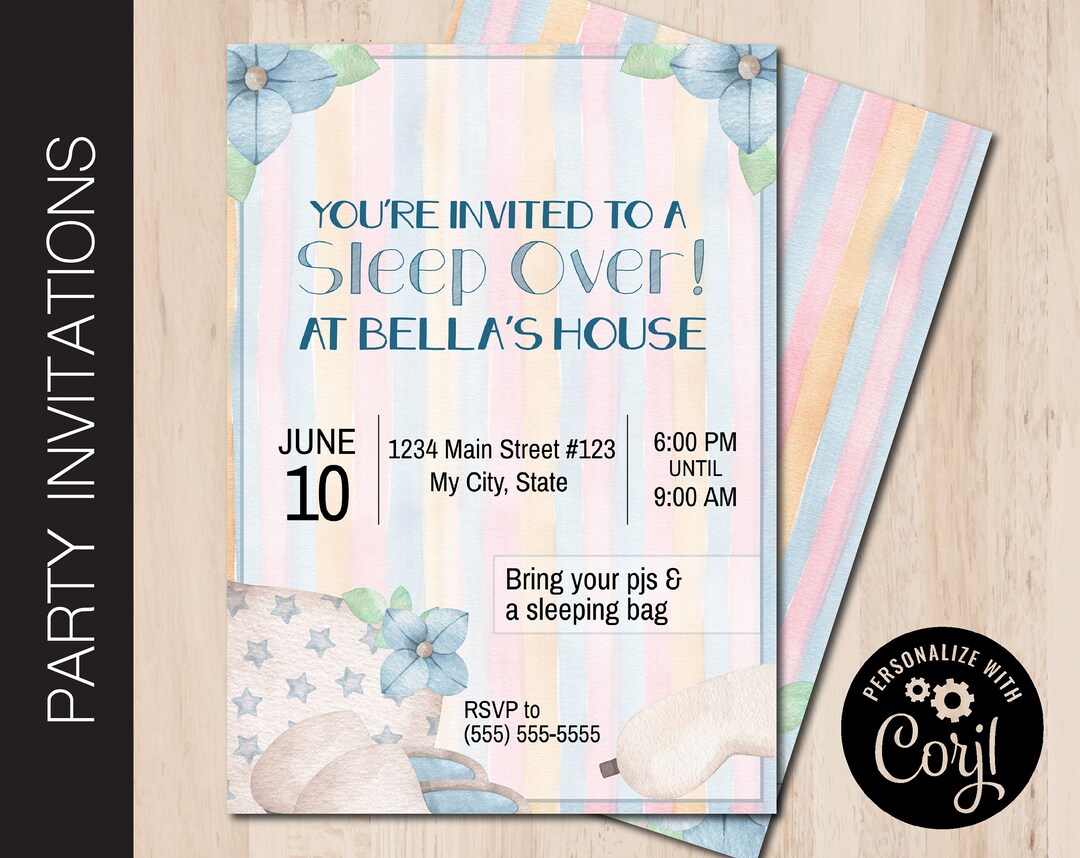 Editable SLEEP OVER Party Invitation Slumber Party Invite PJ Party ...