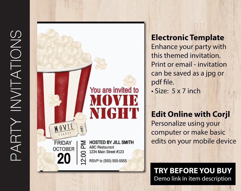 Editable MOVIE NIGHT Invitation | Outdoor Movie Theatre | Sleepover ...