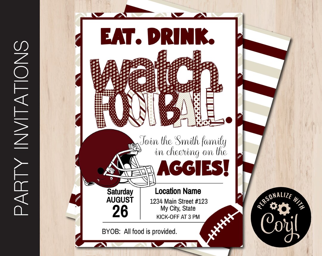 Editable FOOTBALL WATCH Party Invitation Maroon & White Colors Game Day ...