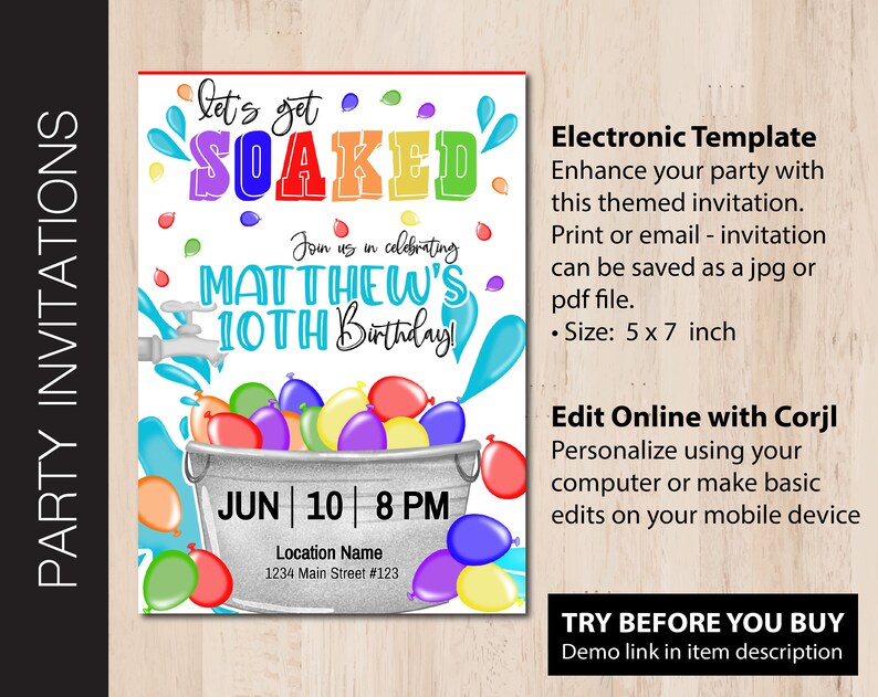 Editable SOAKED Party Invitation | Water Balloons Party Invite | Splash ...