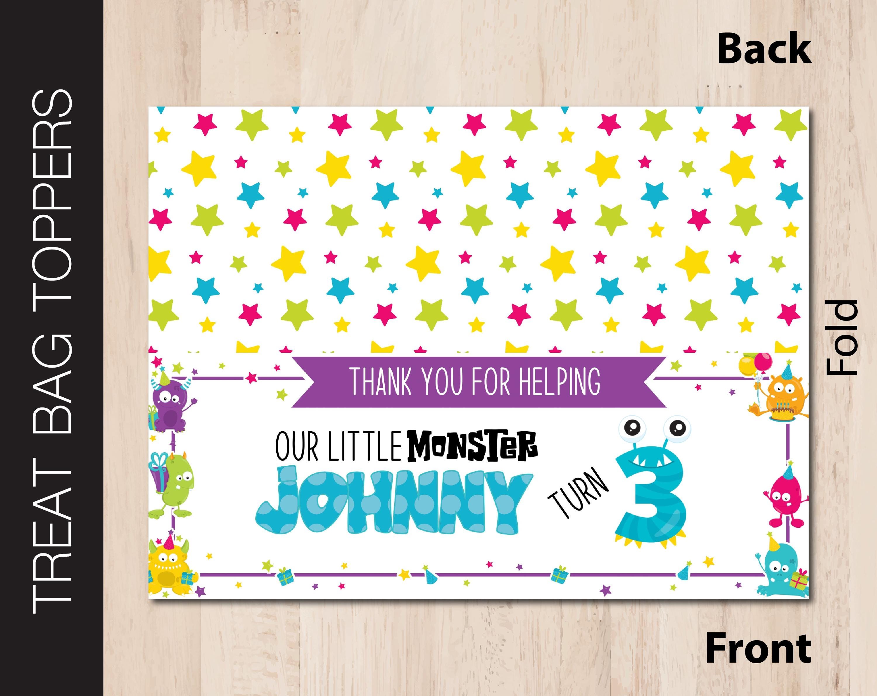 Editable MONSTERS Birthday Treat Bag Topper | Candy Bag | Goodie Bag ...