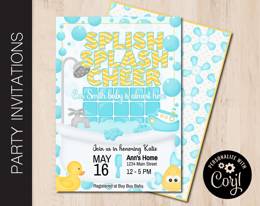 Editable Splish Splash Baby Shower Party Invitation Baby Boy Theme Bath ...