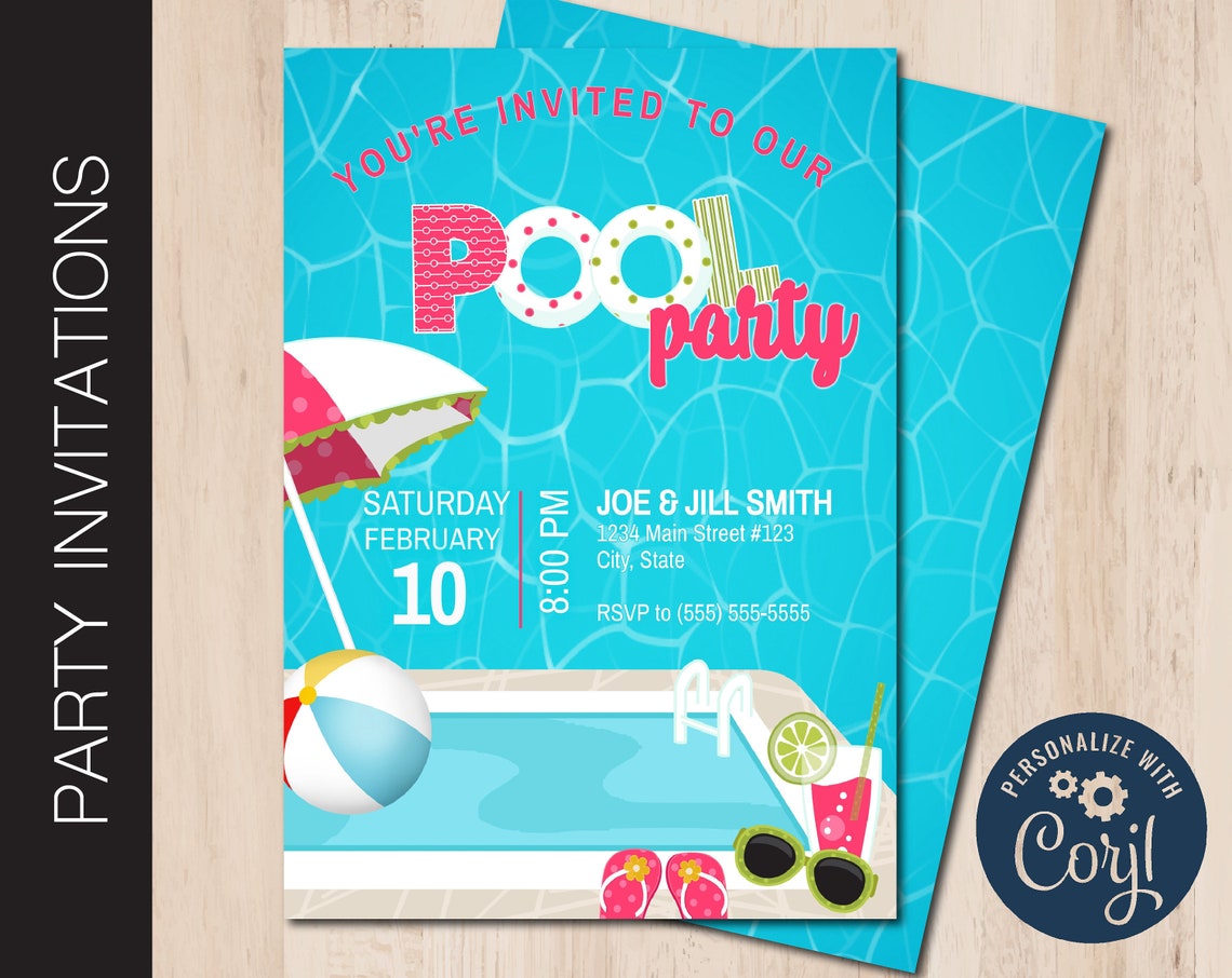 Editable POOL Party Invitation Summer Party Invite Kids Birthday Party ...