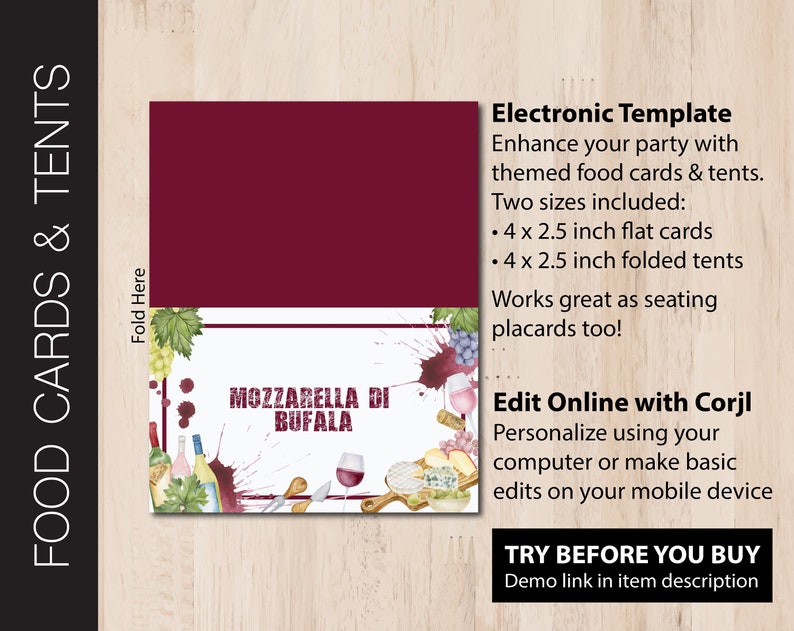 Editable WINE and CHEESE Party Food Label Tents | Party Food Placards ...