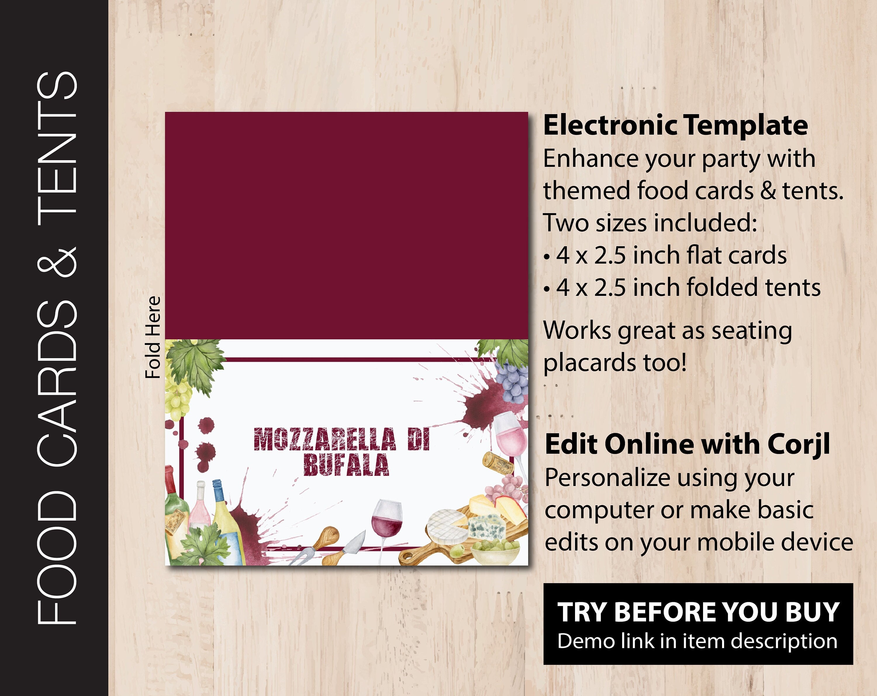 Editable WINE and CHEESE Party Food Label Tents | Party Food Placards ...