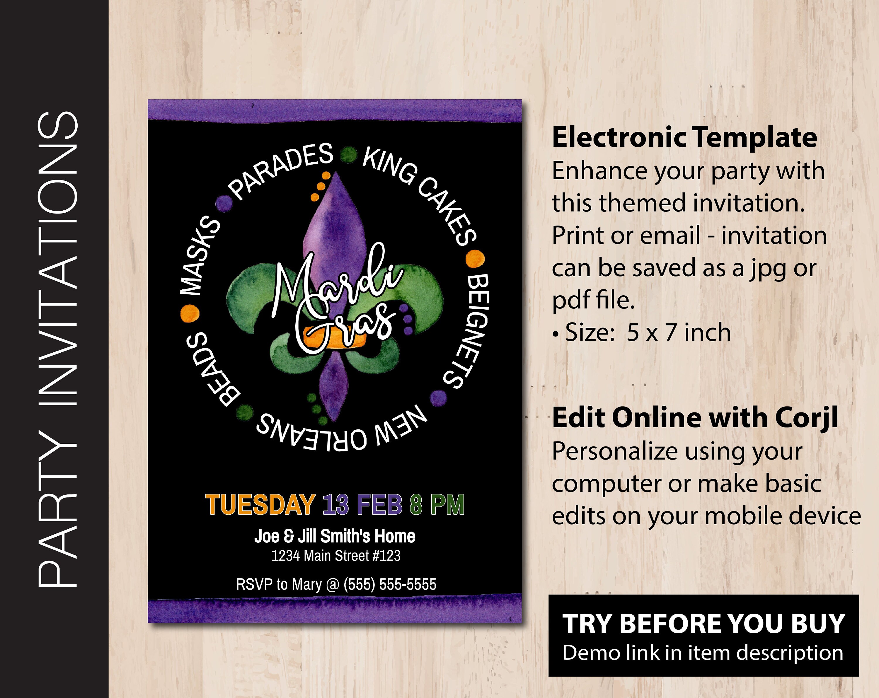 Editable MARDI GRAS Soirée Invitation | New Orleans | Carnival Time ...