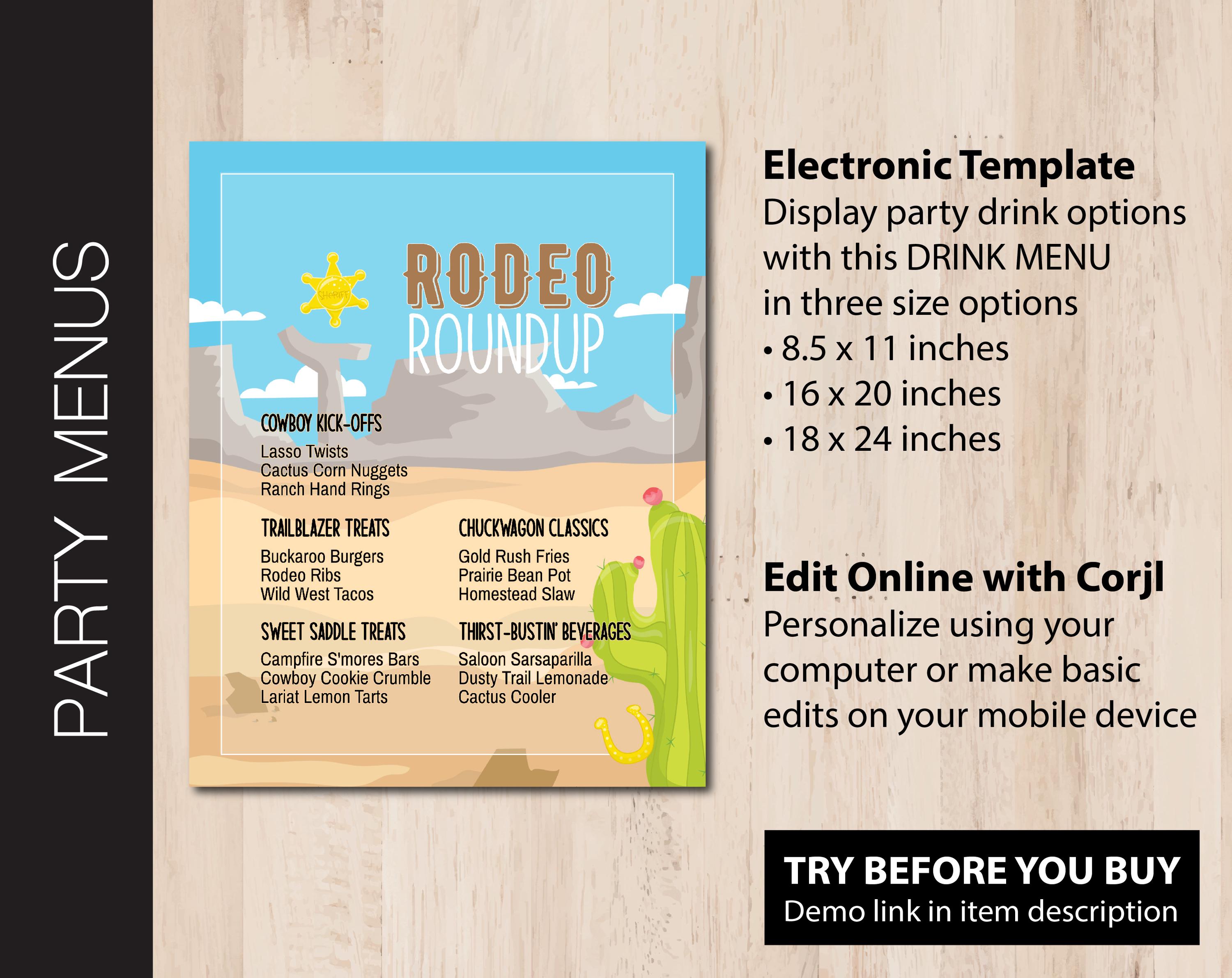 Editable RODEO Party Menu | Food Menu | Drink Sign | Concessions | Kid ...