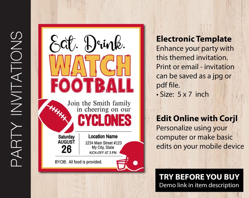 Editable FOOTBALL WATCH Party Invitation | Cardinal & Gold Colors ...