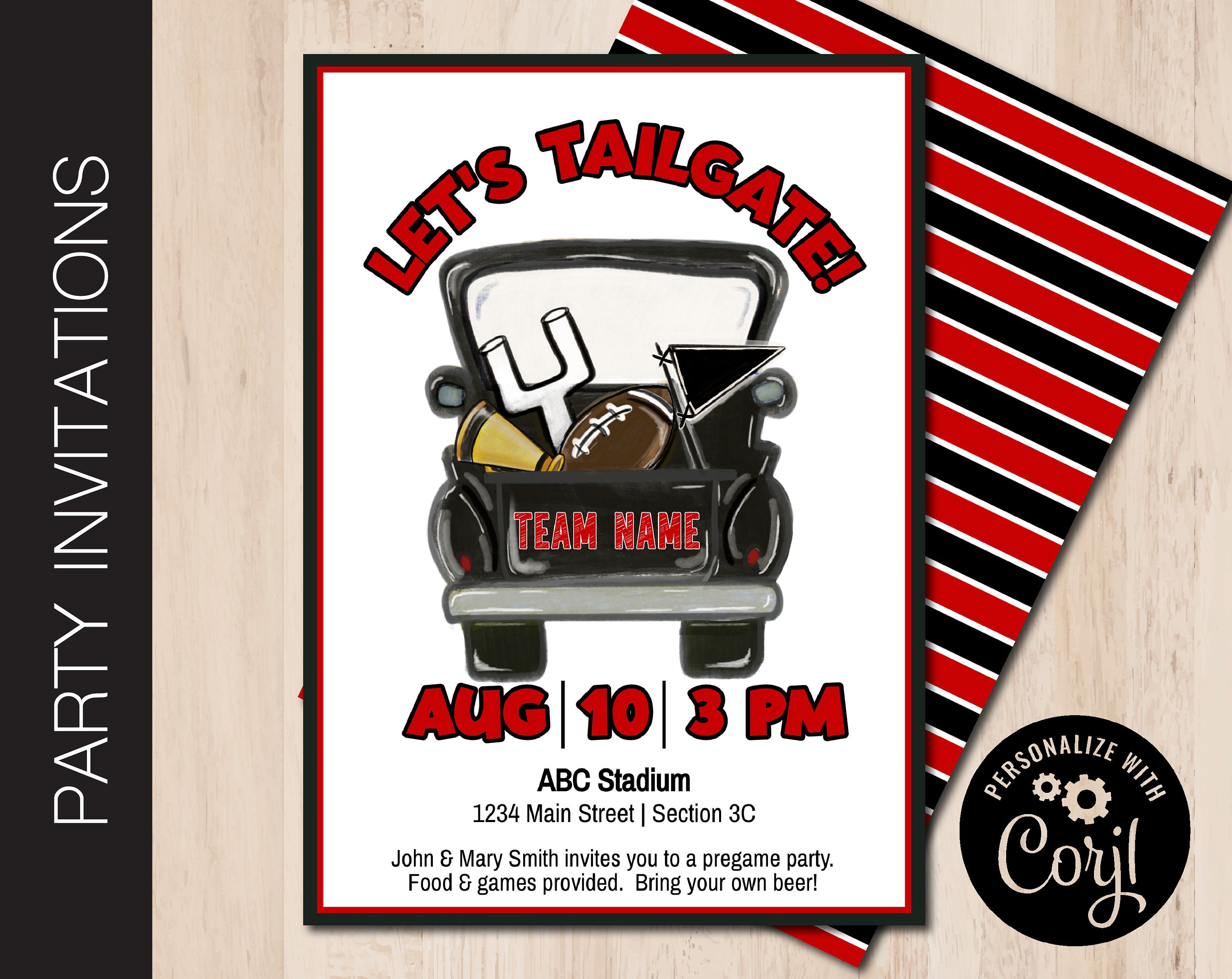 Editable TAILGATE Party Invitation Game Day Football Invite Black Red ...