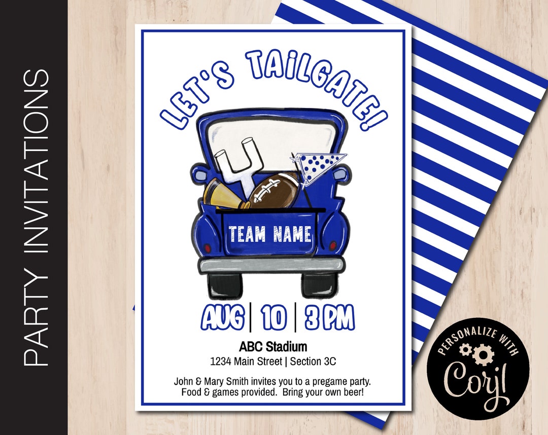 Editable TAILGATE Party Invitation Game Day Football Invite Blue White ...