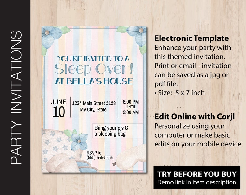 Editable SLEEP OVER Party Invitation Slumber Party Invite PJ Party ...