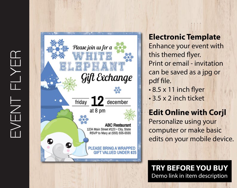 Editable White Elephant Event Flyer | Christmas Gift Exchange ...