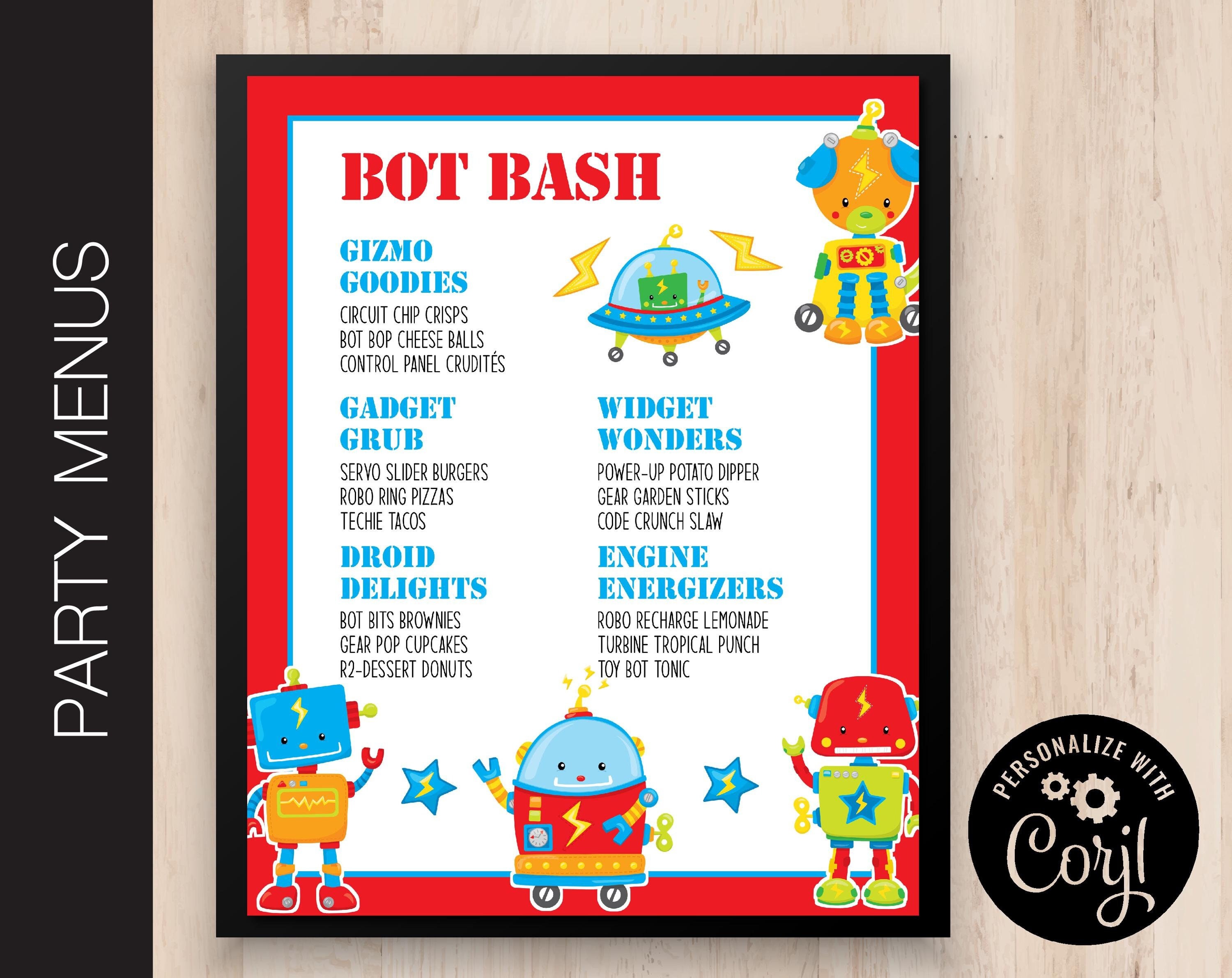 Editable TOY ROBOTS Party Menu | Food Menu | Drink Sign | Concessions ...