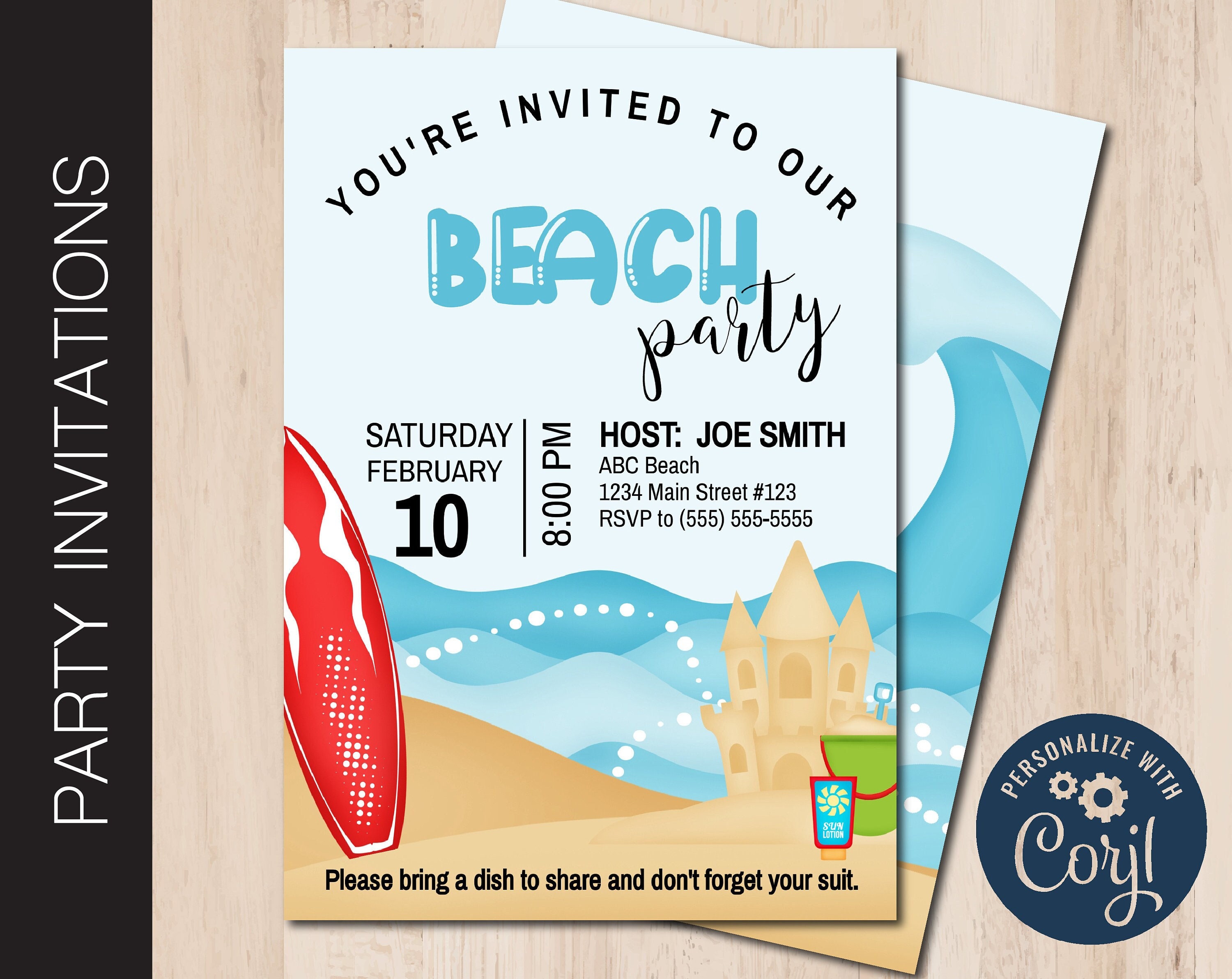 Editable BEACH Party Invitation | Party Invite | Print or Email Corjl ...