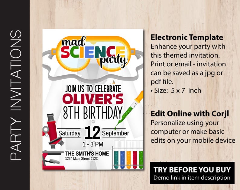 Editable MAD SCIENCE Birthday Party Invitation | Chemistry Party | STEM ...