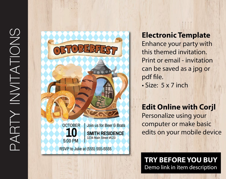 Editable OKTOBERFEST Themed Party Invitation | Brats and Beer | German ...