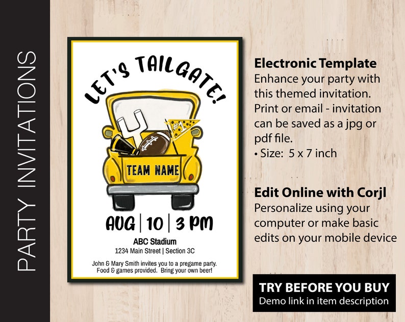 Editable TAILGATE Party Invitation | Game Day | Football Invite | Gold ...