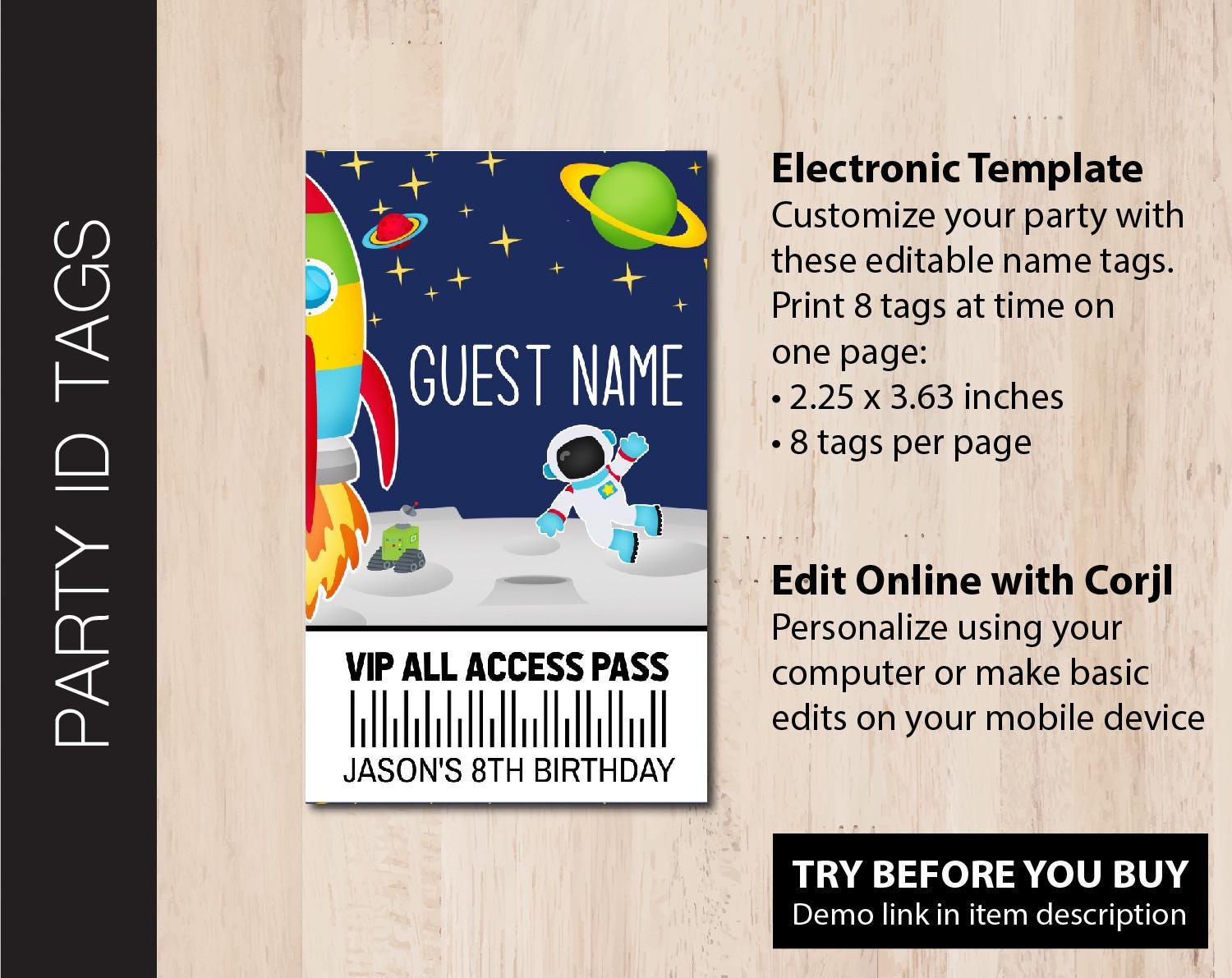 Editable SPACE Party ID Tag | Vip All Access Pass | Id Badge | Name Tag ...