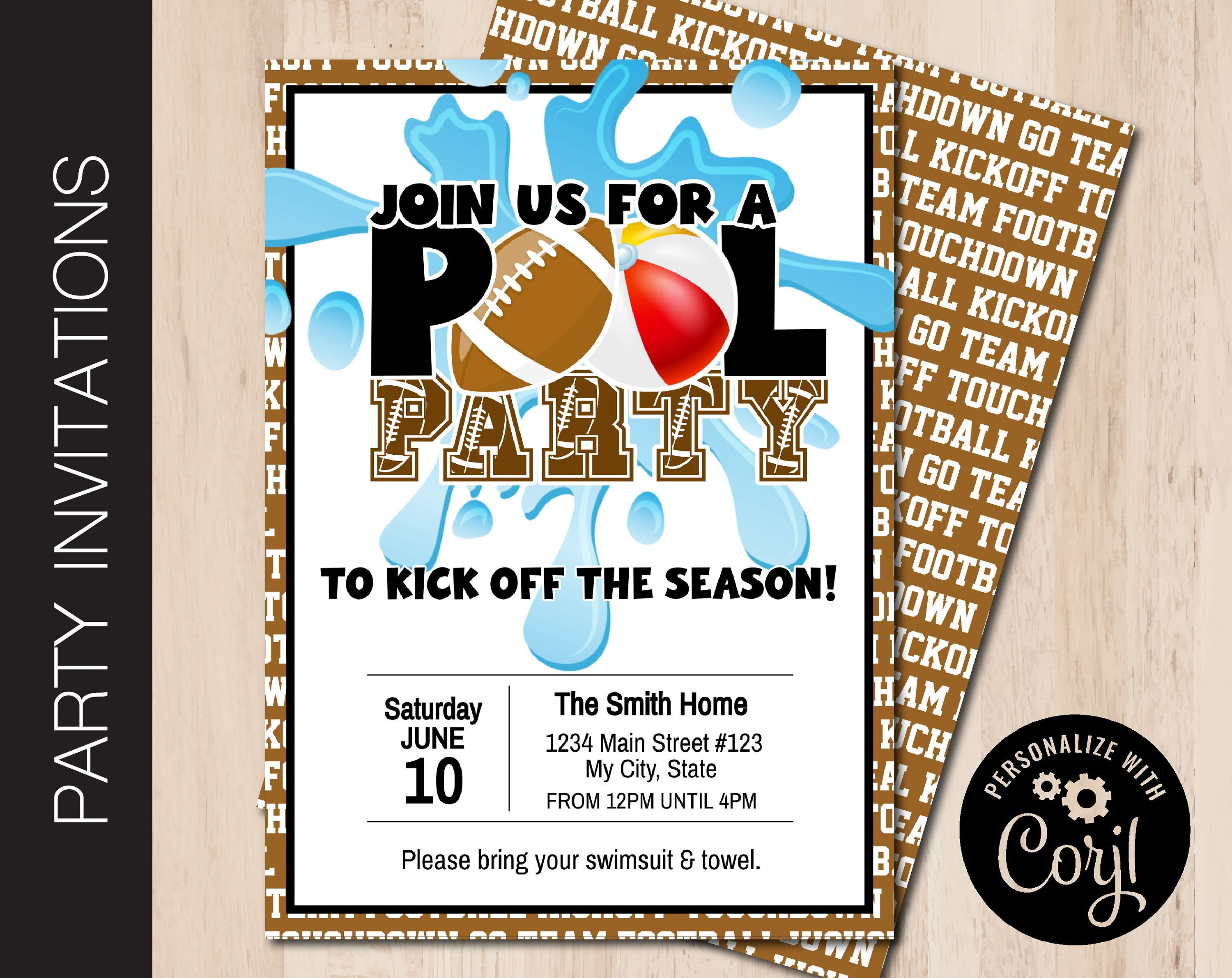 Editable FOOTBALL Themed Pool Party Invitation | Football Party Invite ...
