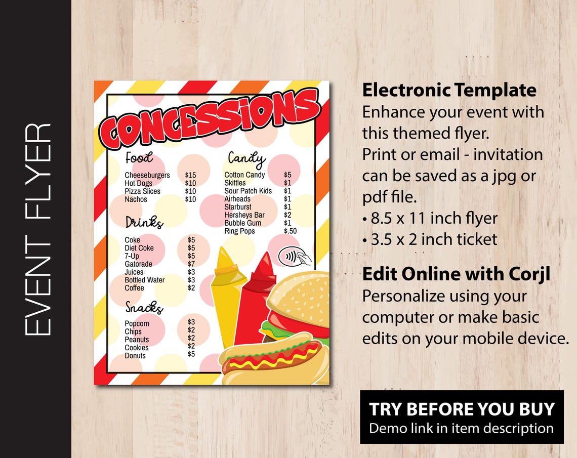 Editable Concessions Stand Flyer | Snack Menu | Street Food | School ...