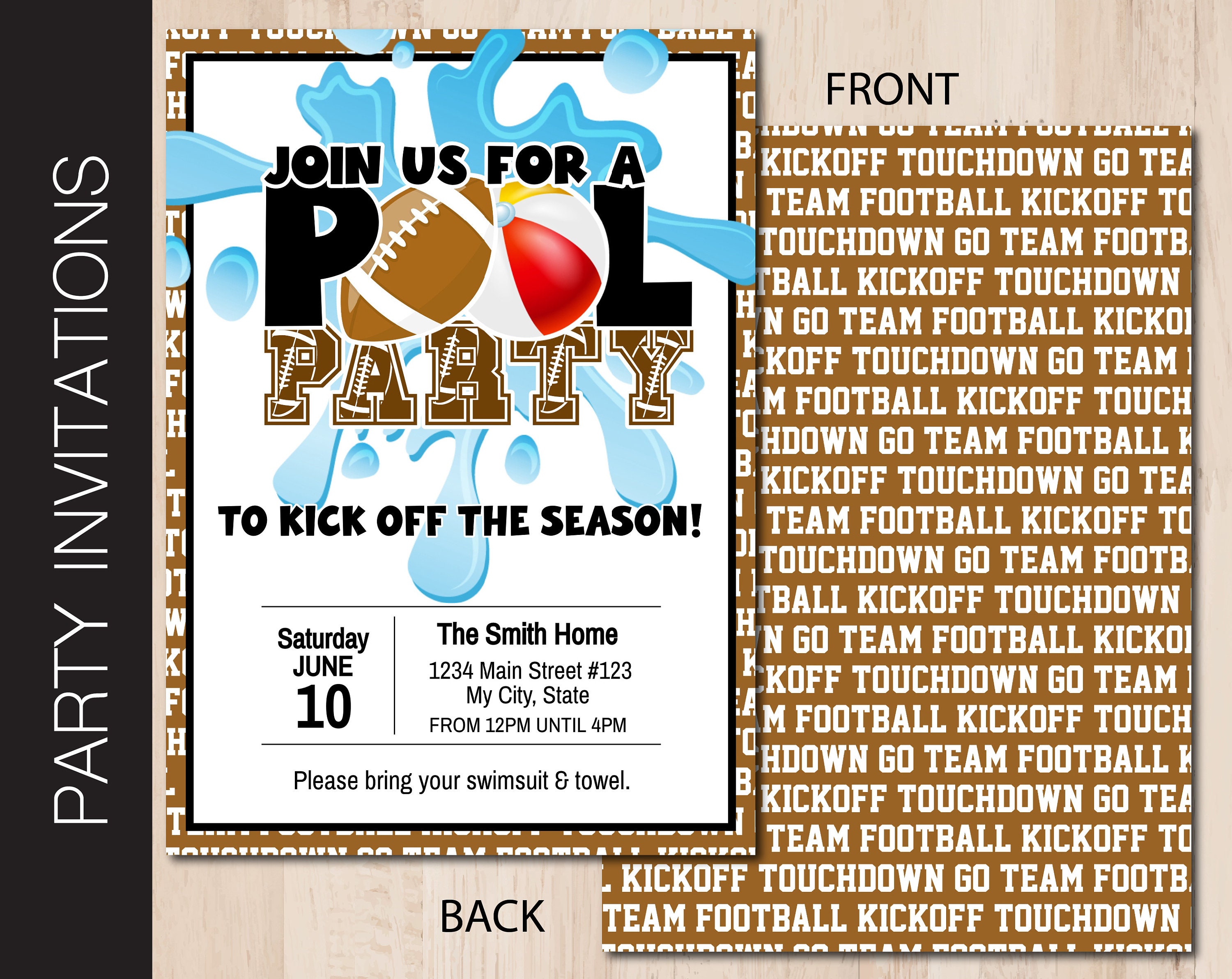 Editable FOOTBALL Themed Pool Party Invitation | Football Party Invite ...