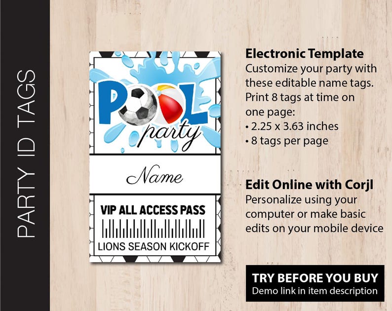 Editable SOCCER Party ID Tag | Vip All Access Pass | ID Badge | Name ...