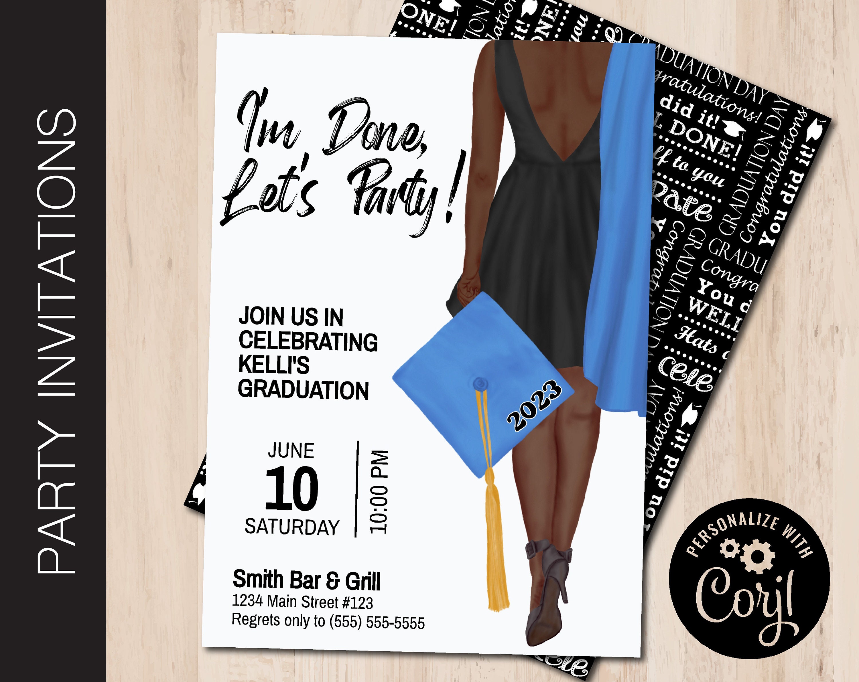 Editable GRADUATION Party Invitation Dark Skin Tone | Grad Celebration ...