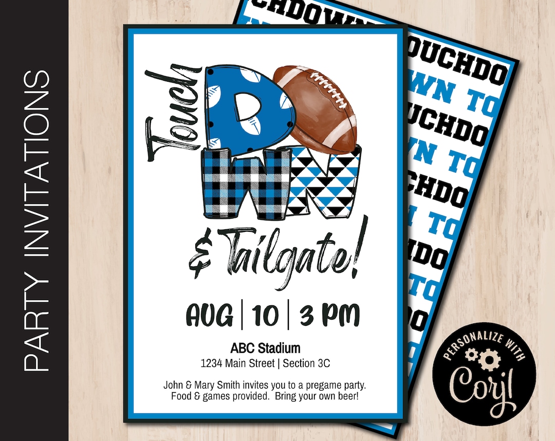 Editable TAILGATE Party Invitation Blue & White Colors Football Pre ...