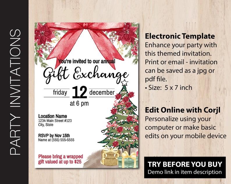 Editable GIFT EXCHANGE Party Invitation | Christmas Party. Holiday ...