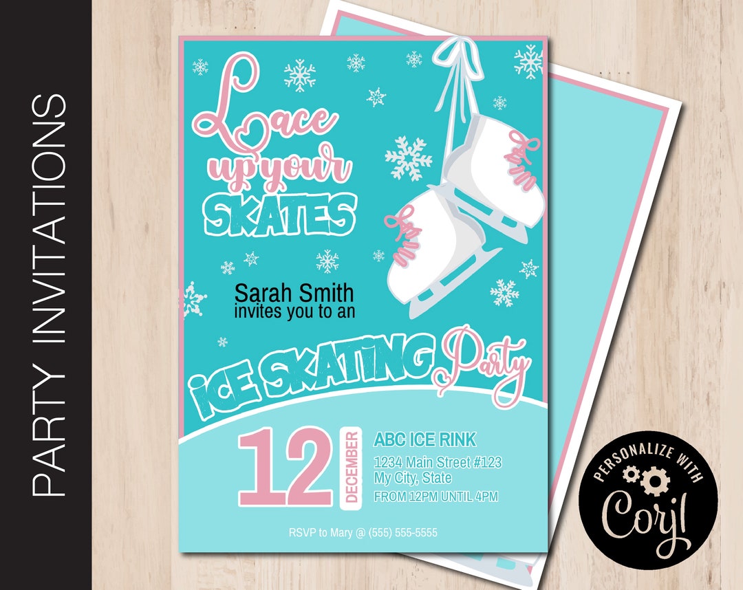 Editable ICE Skating PARTY Invitation Ice Skate Birthday Ice Rink Snowy ...