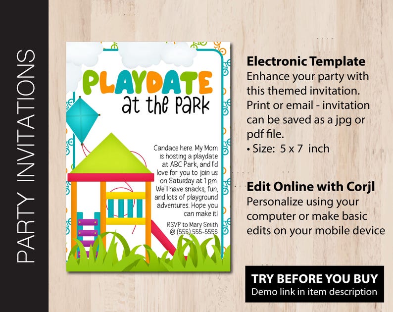 Editable PLAYDATE at the PARK Invitation | Kids Get Together | Playtime ...