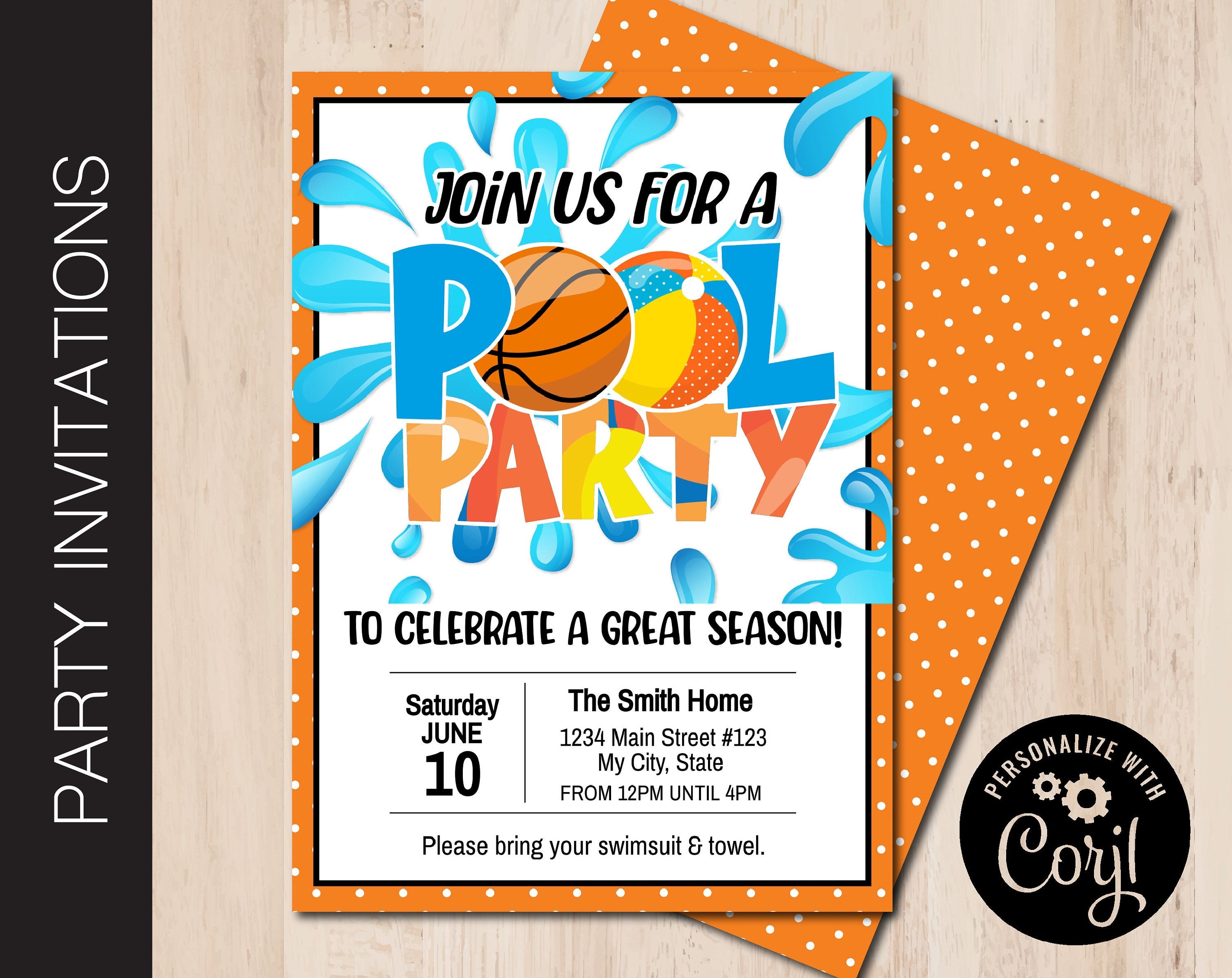 Editable BASKETBALL Themed Pool Party Invitation | Basketball Party ...