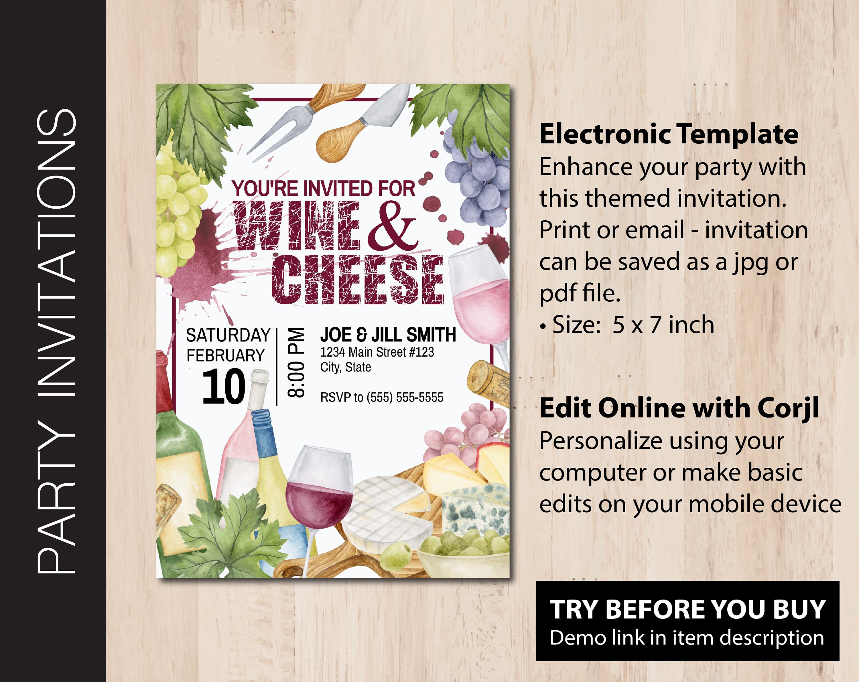 Editable WINE and CHEESE Party Invitation | Wine Day | Winery Trip ...