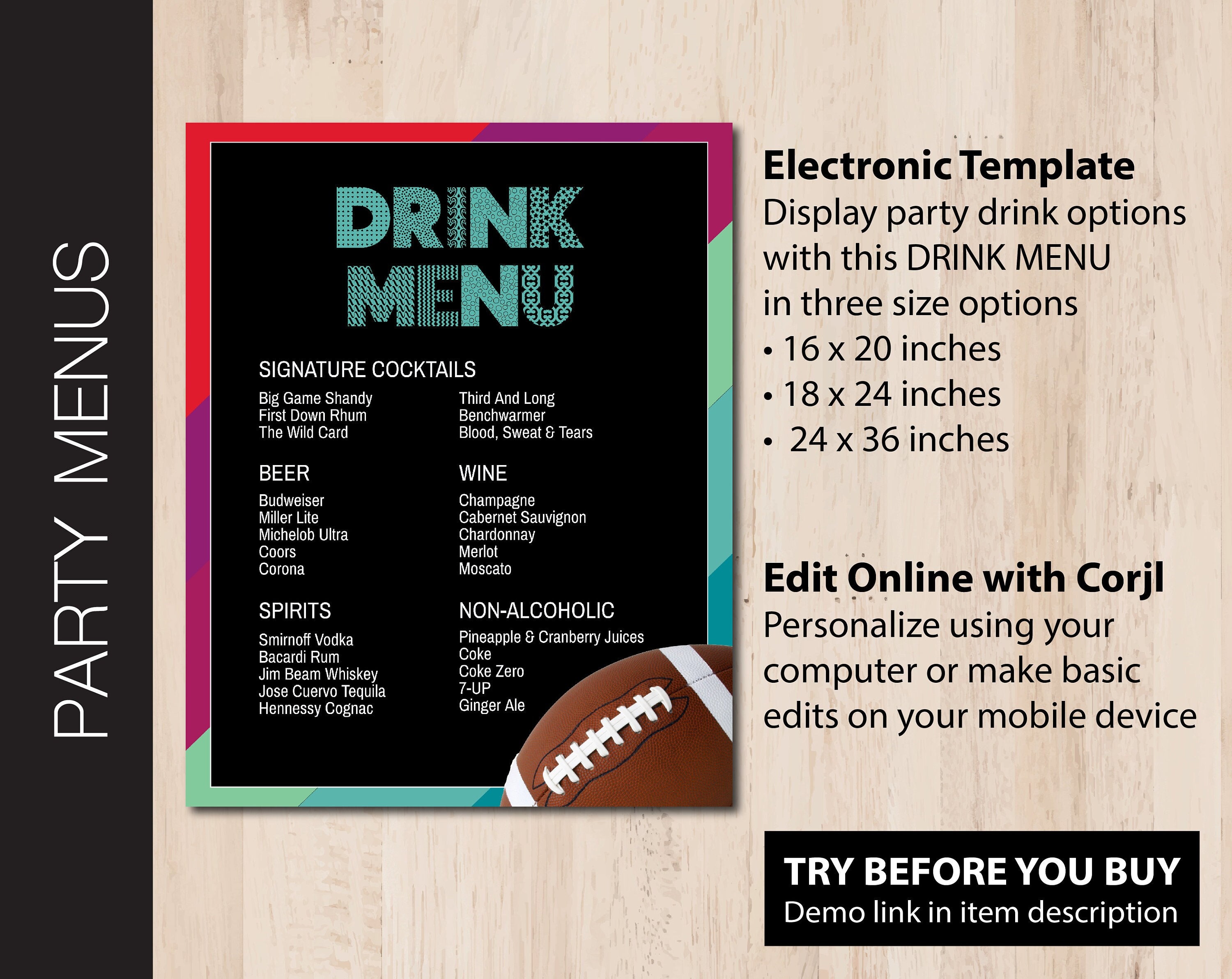 Editable FOOTBALL Party Bar Menu | Game Day Drink Sign | Big Game ...