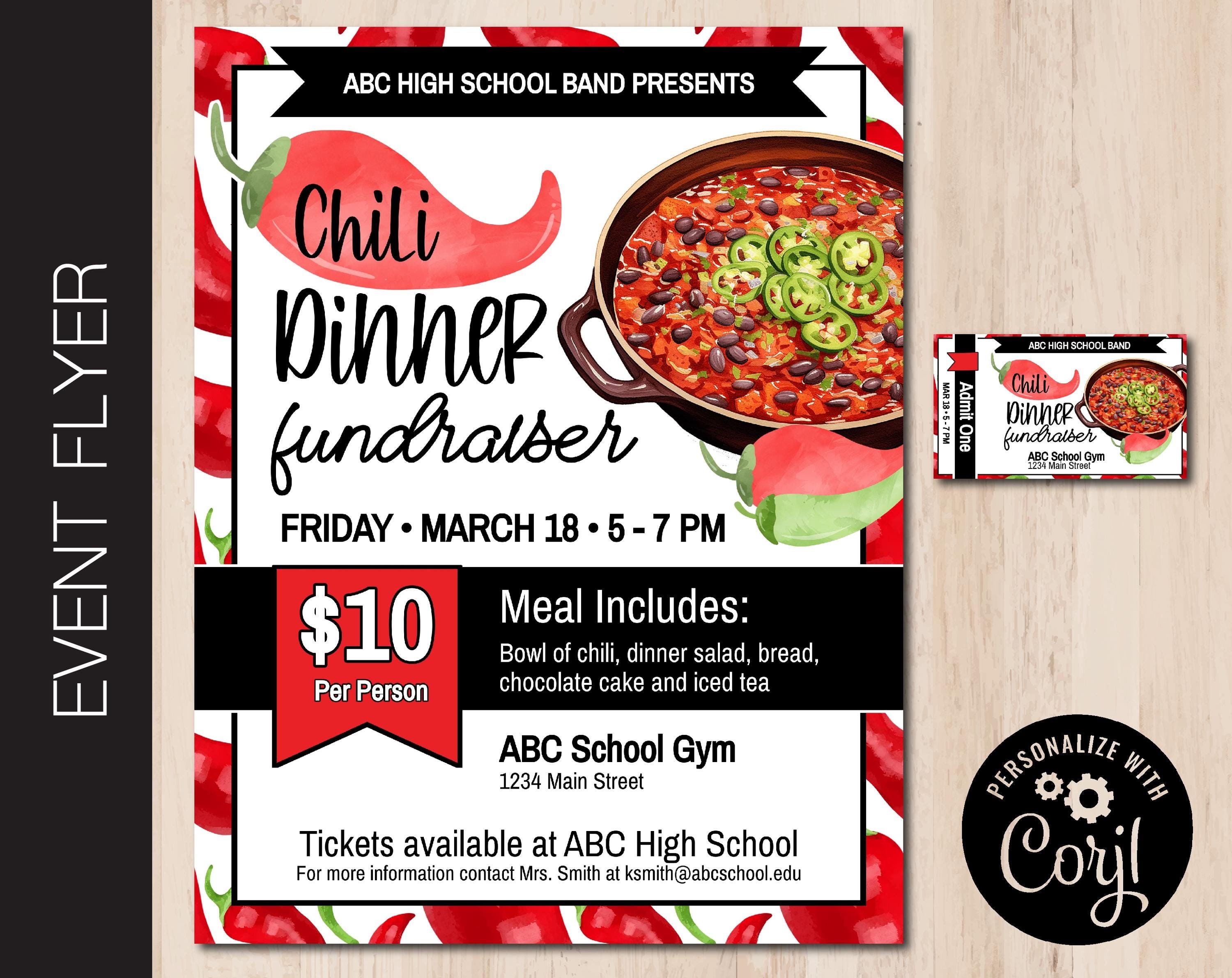 Editable Chili Dinner Fundraiser Flyer | Custom Chili Dinenr ...