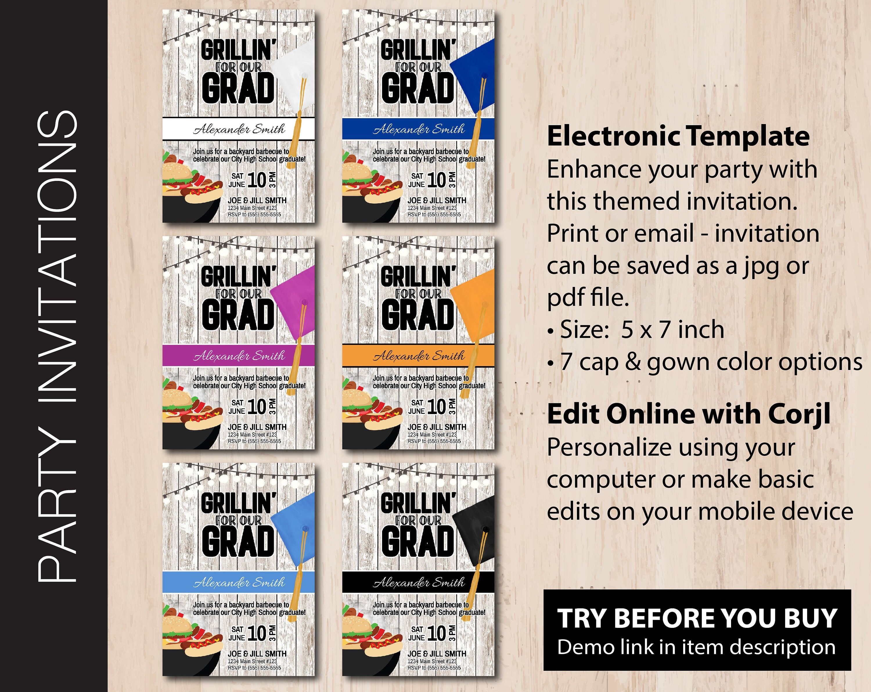 Editable GRILL for GRAD Party Invitation Graduation Barbecue BBQ Invite ...