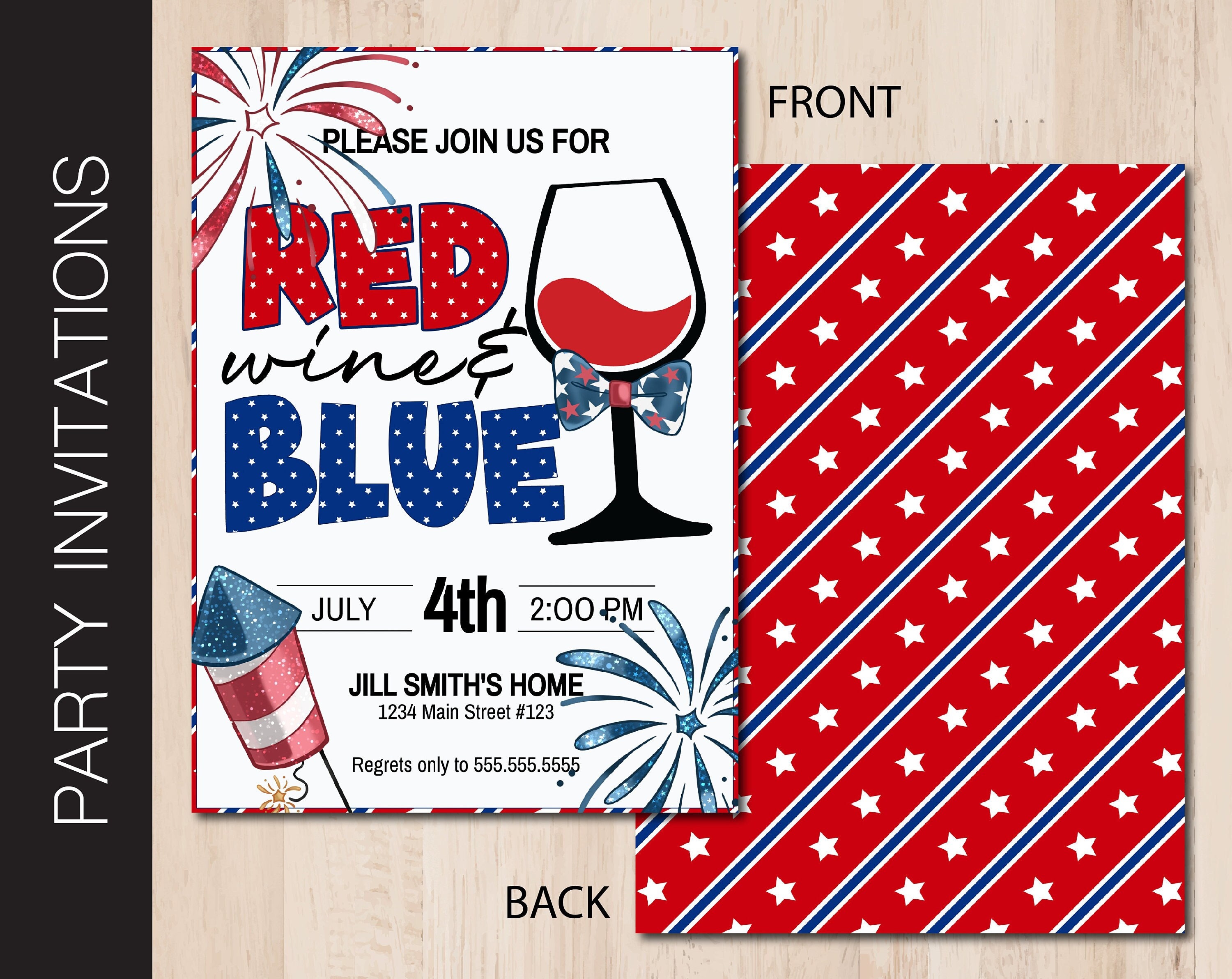 Editable RED WINE BLUE Party Invitation | 4th of July | July 4th ...