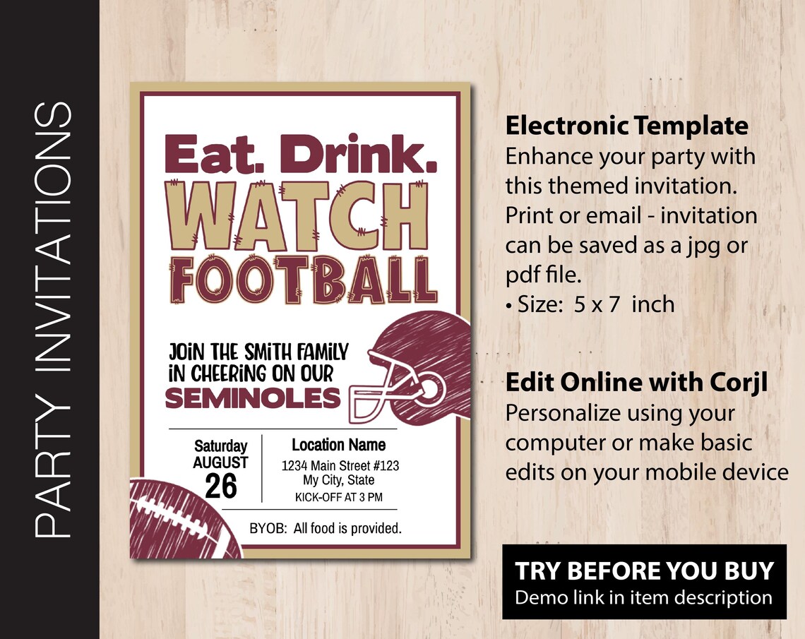 Editable FOOTBALL WATCH Party Invitation | Garnet & Gold Colors | Game ...