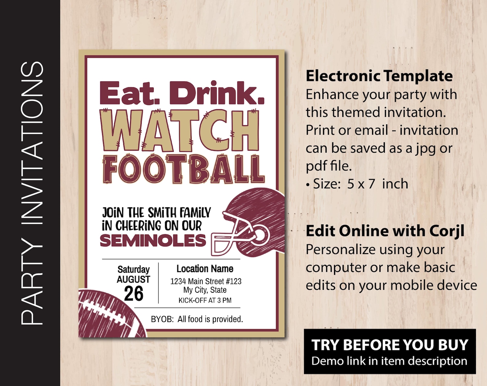 Editable FOOTBALL WATCH Party Invitation | Garnet & Gold Colors | Game ...