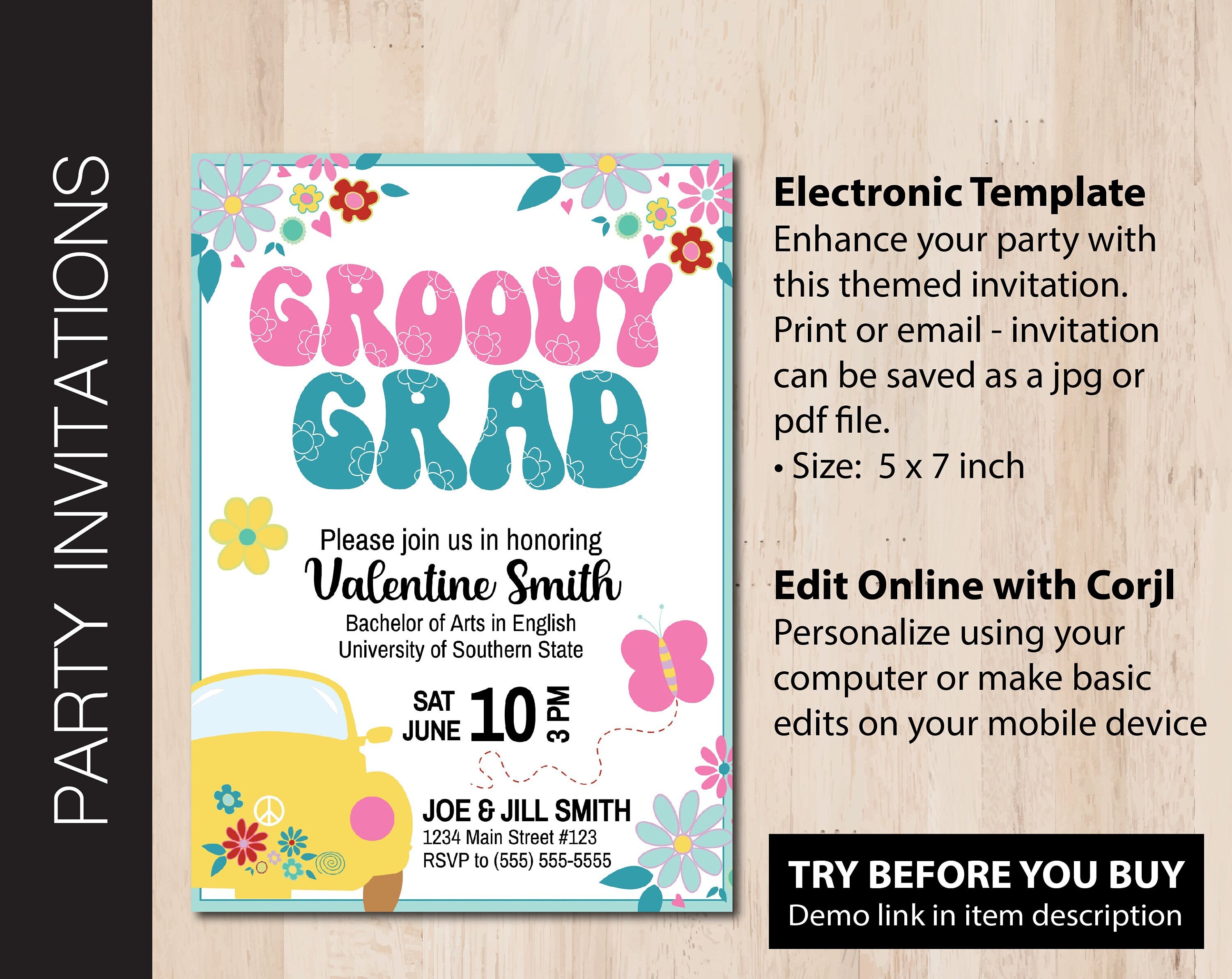 Editable GROOVY GRAD Party Invitation | 70s Theme | Hippie Grad | Funky ...