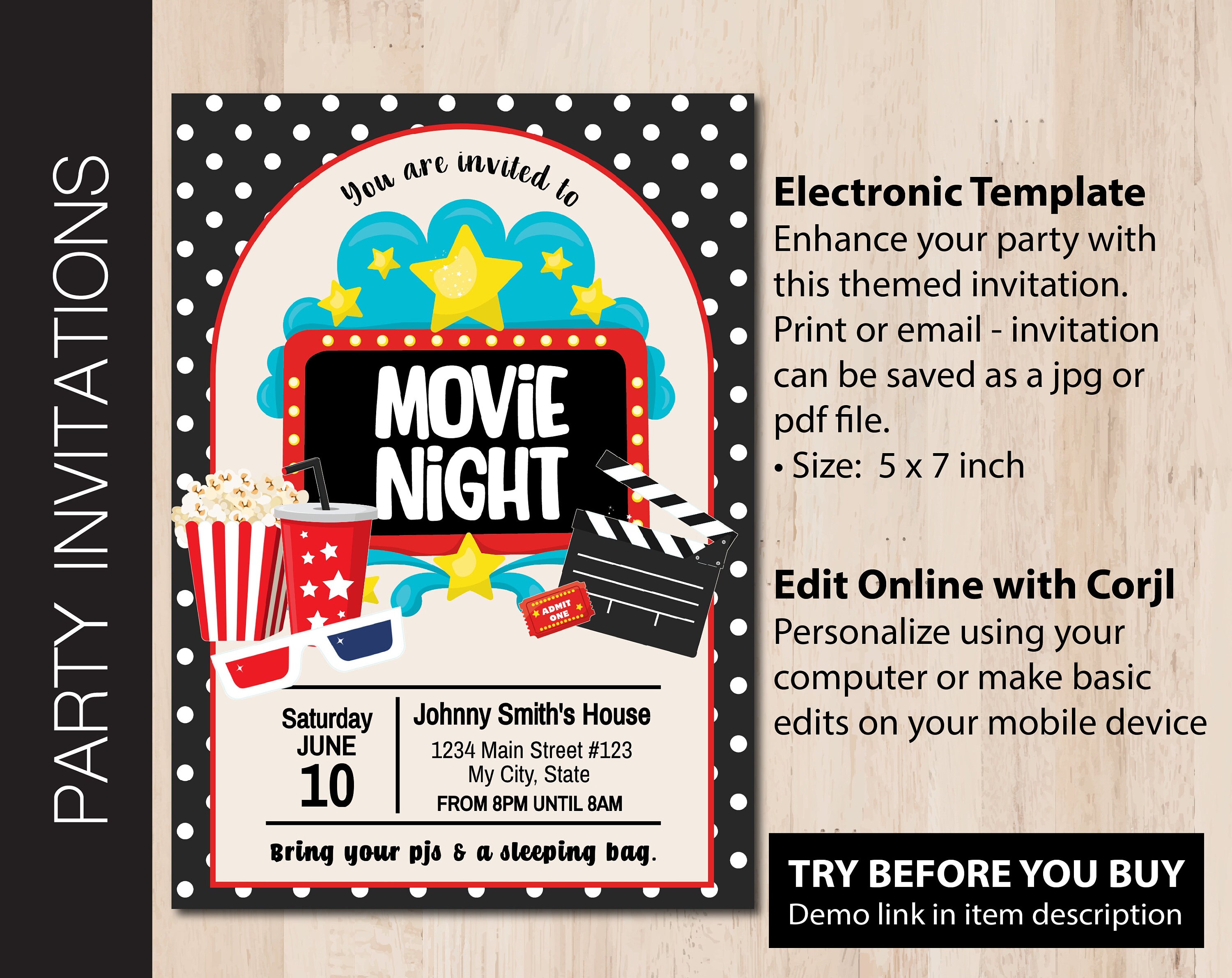 Editable MOVIE NIGHT Invitation | Outdoor Movie | Sleepover Invite ...