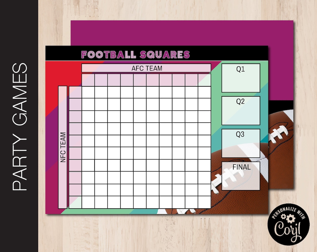 Printable FOOTBALL Squares Football Boxes Game 8 X 10 Inch 100 Squares ...