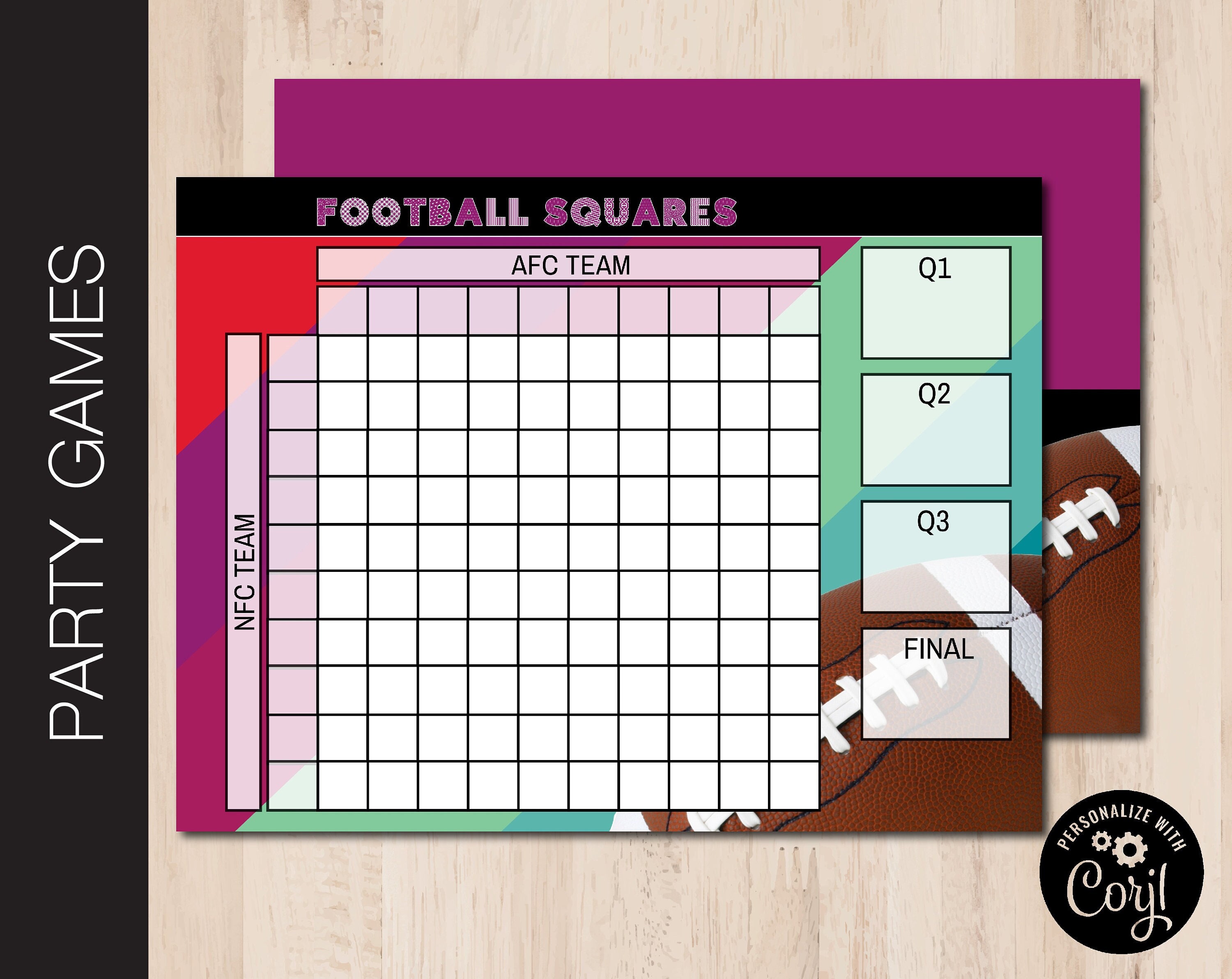 Printable FOOTBALL Squares Football Boxes Game 8 X 10 Inch 100 Squares ...