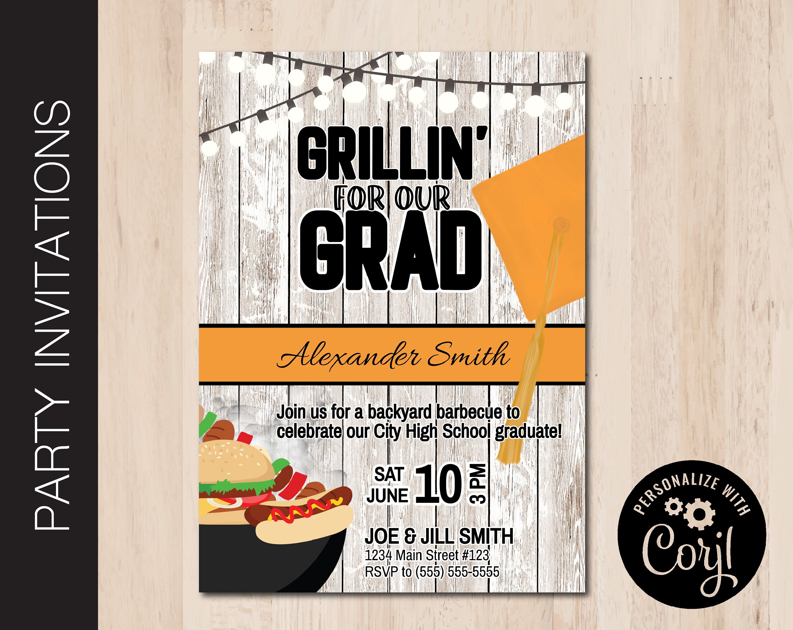 Editable GRILL for GRAD Party Invitation Graduation Barbecue BBQ Invite ...