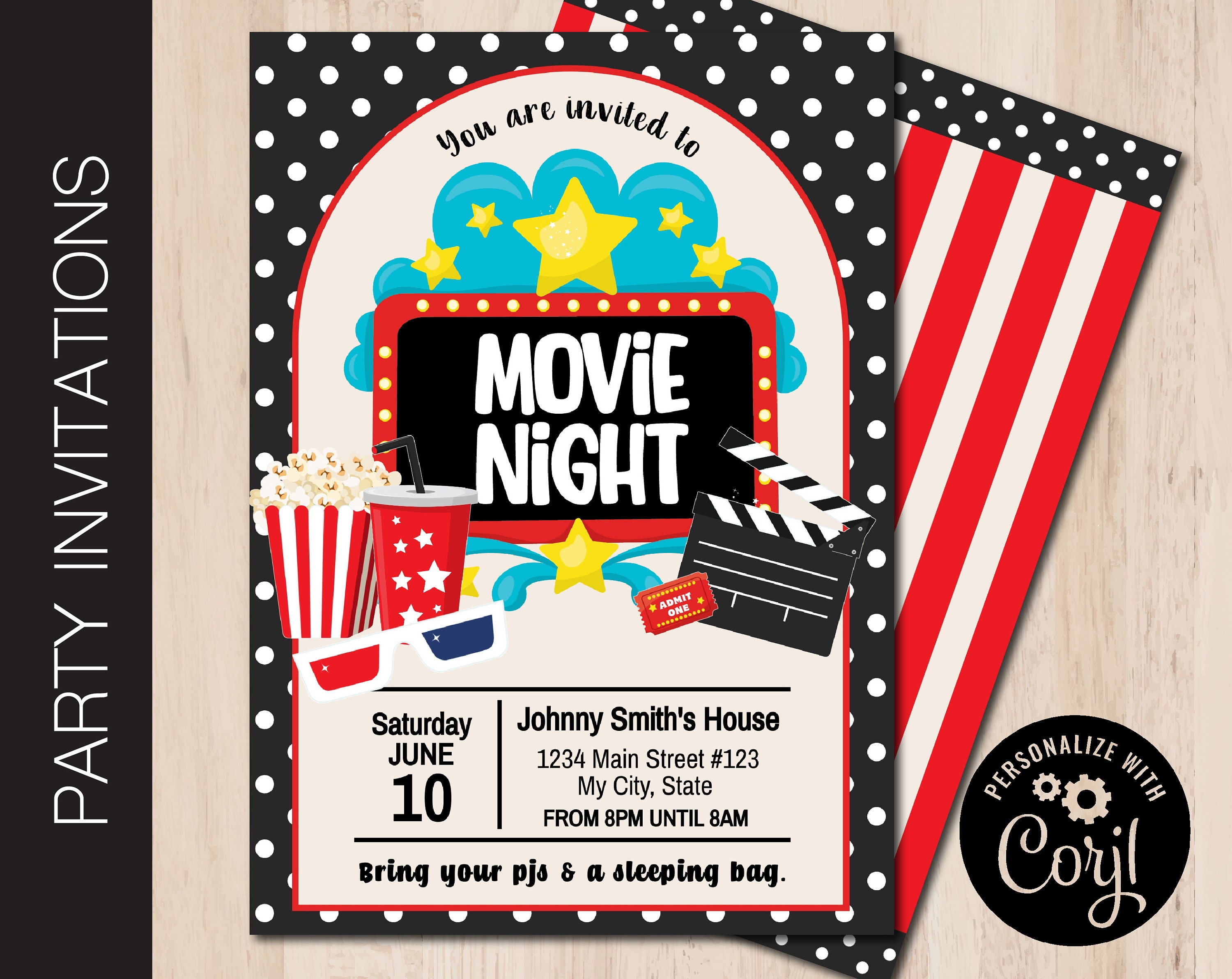 Editable MOVIE NIGHT Invitation Outdoor Movie Sleepover Invite Popcorn ...