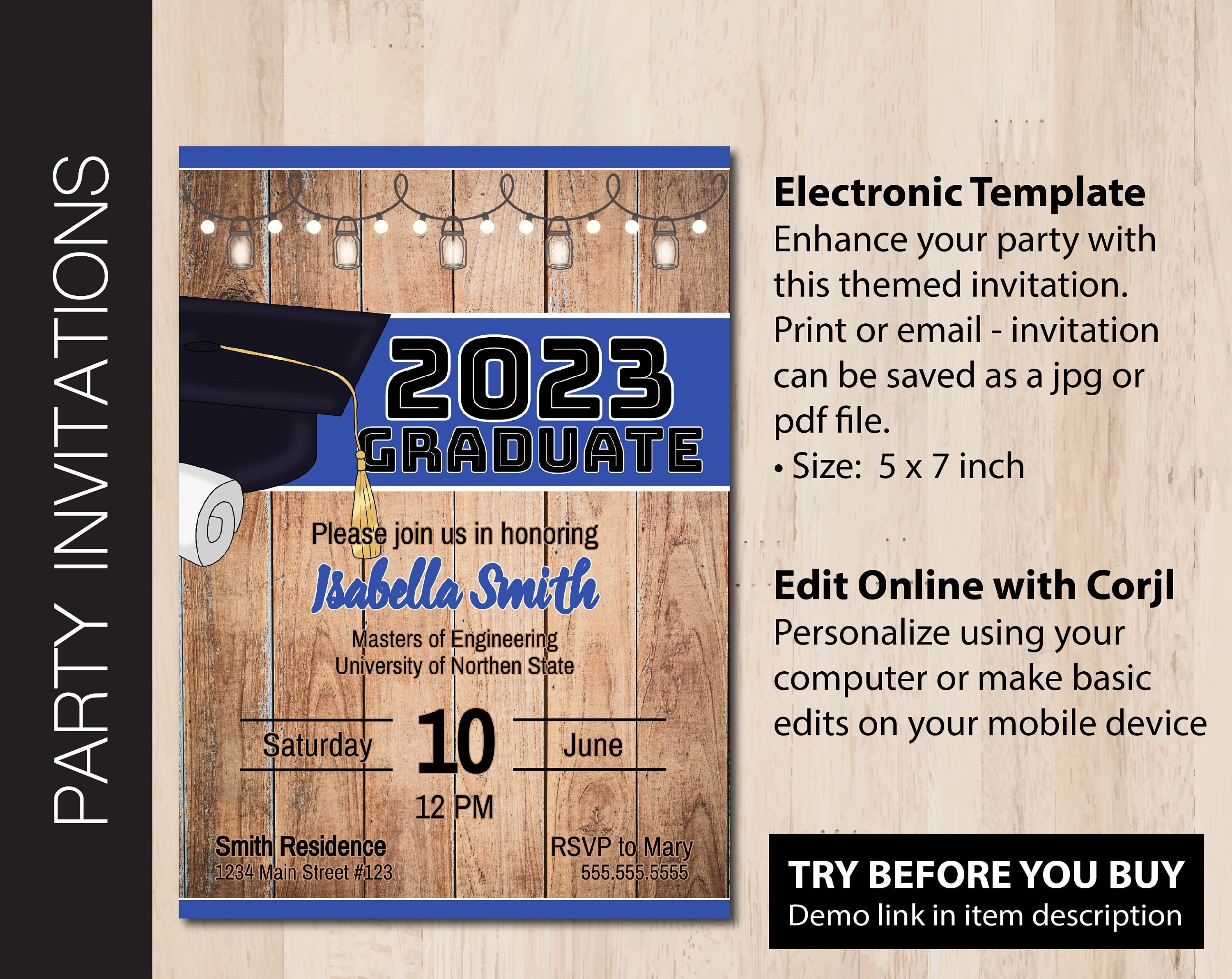 Editable GRADUATION Party Invitation High School College University ...