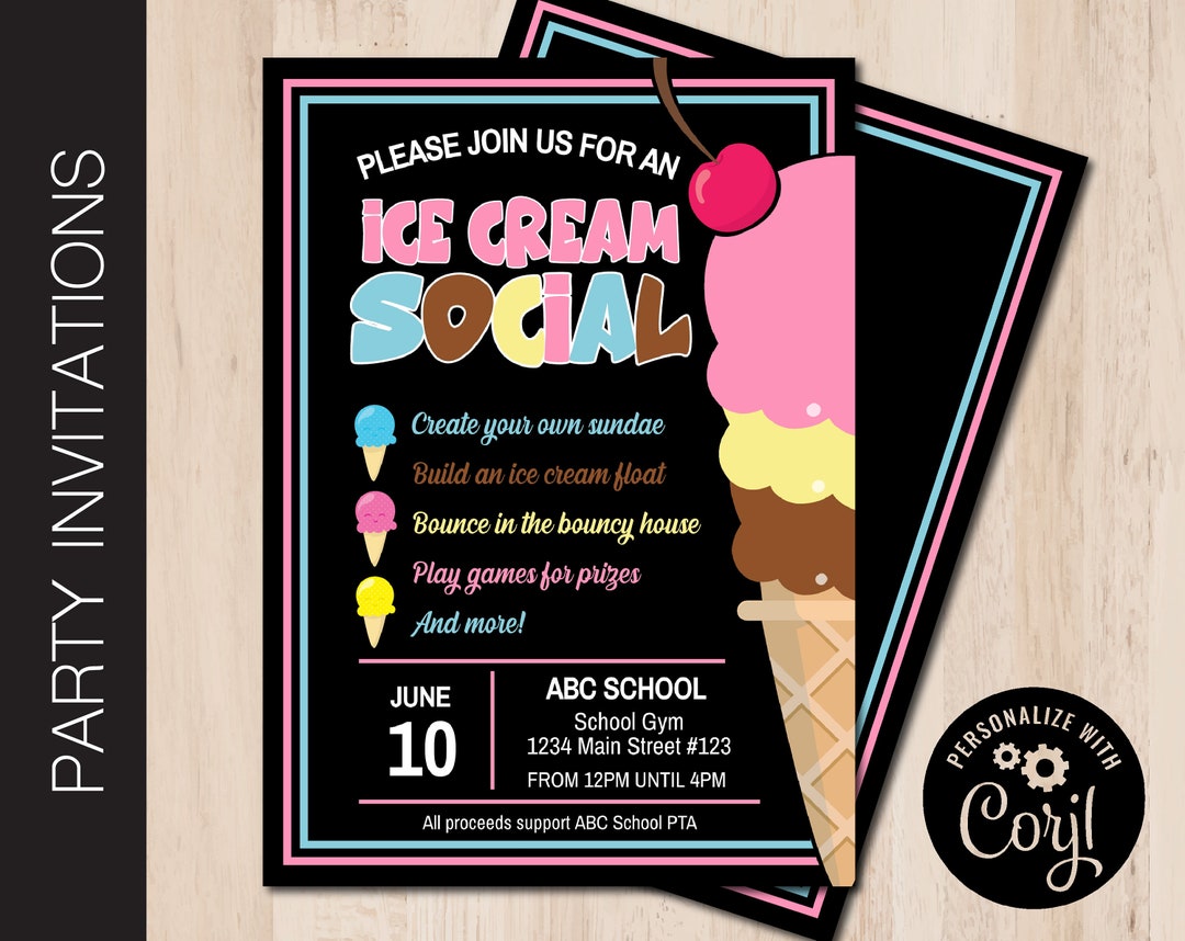 Editable ICE CREAM Social Party Invitation PTA Fundraiser Community ...