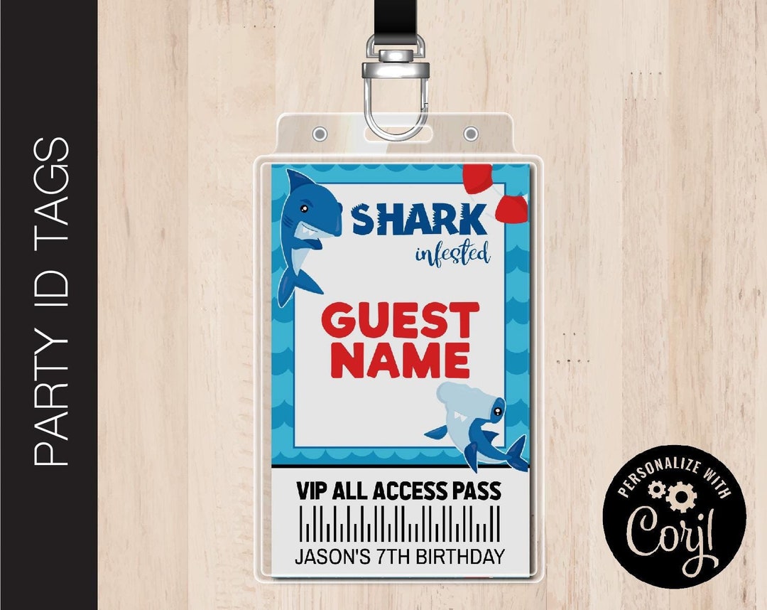 Editable SHARK Party ID Tag | Vip All Access Pass | ID Badge | Name Tag ...