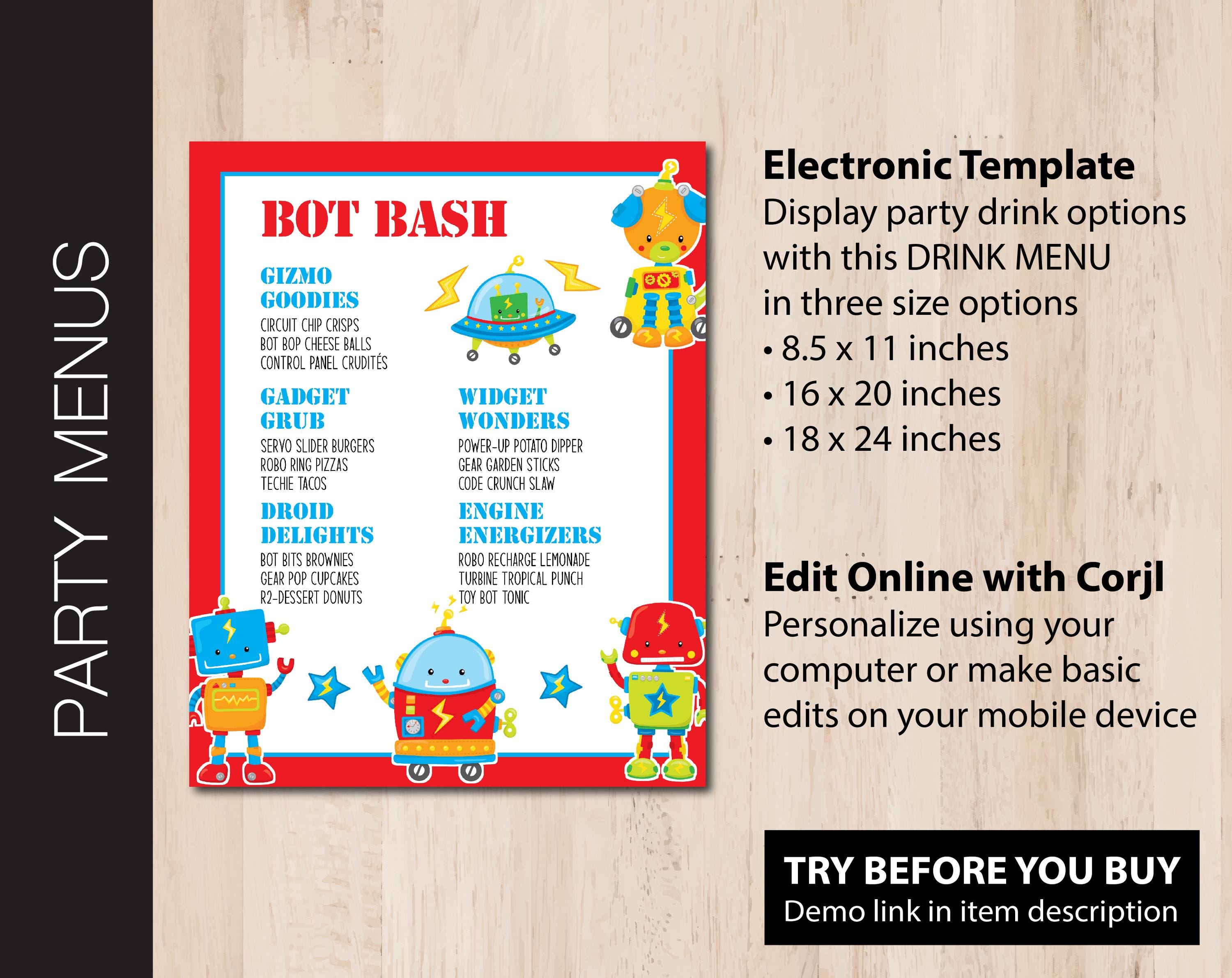 Editable TOY ROBOTS Party Menu | Food Menu | Drink Sign | Concessions ...