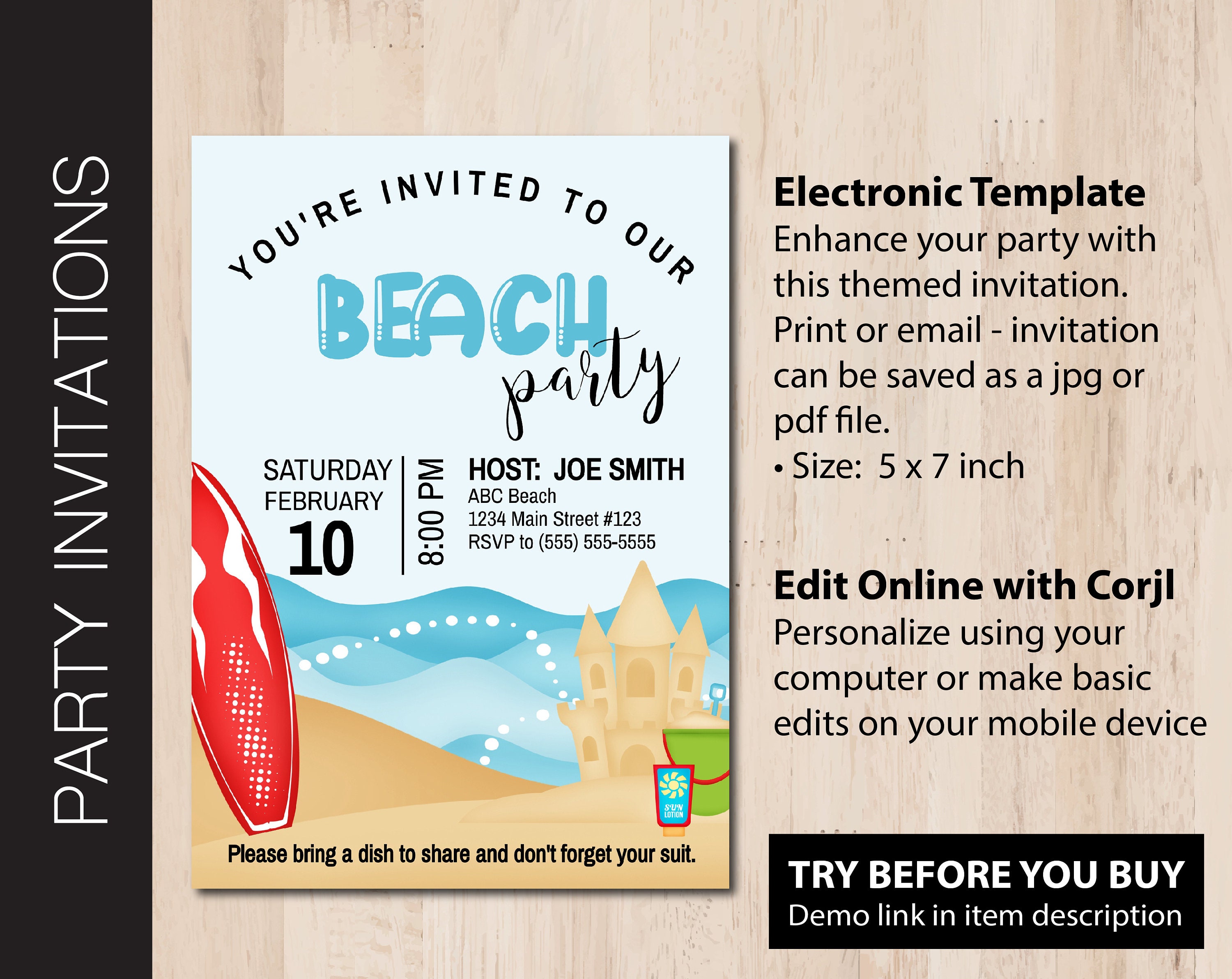 Editable BEACH Party Invitation | Party Invite | Print or Email Corjl ...